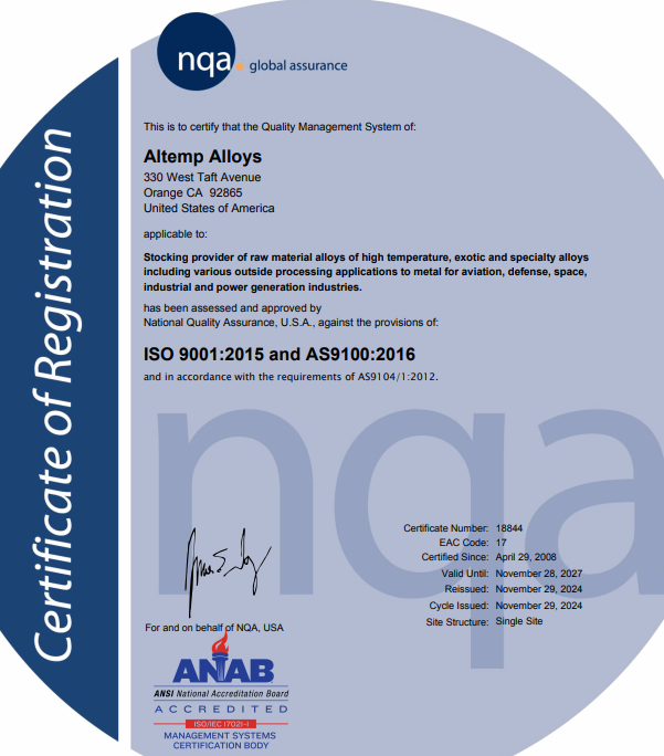 ISO 9001 Certified Alloy Supplier in California | Altemp Alloys